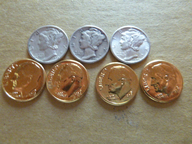 3 Mercury Silver Dimes and 4 Gold Colored Eisenhower Dimes | Silver ...