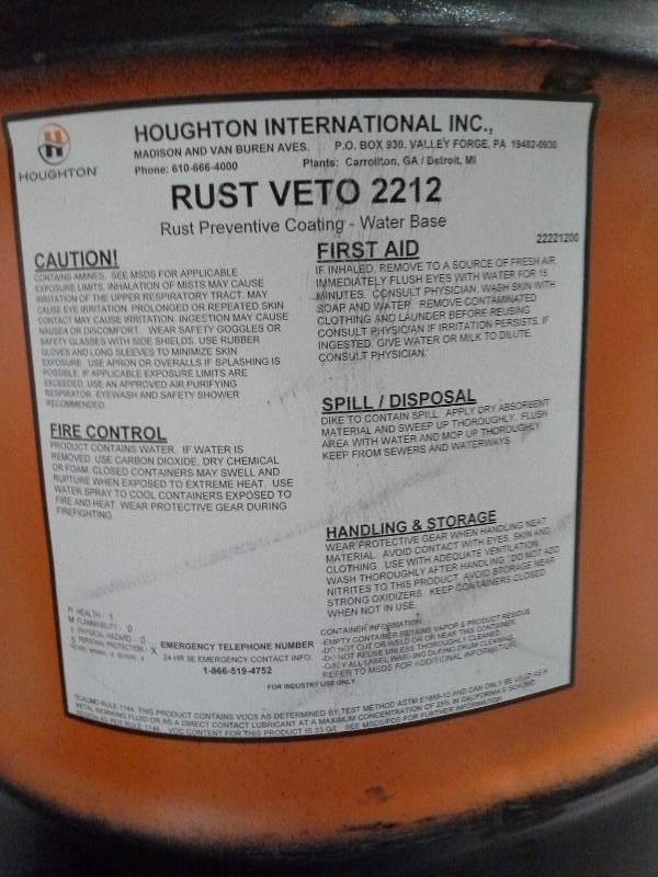 Two Drums of Houghton Rust Veto 2212 Synthetic Aqueous Base Rust ...
