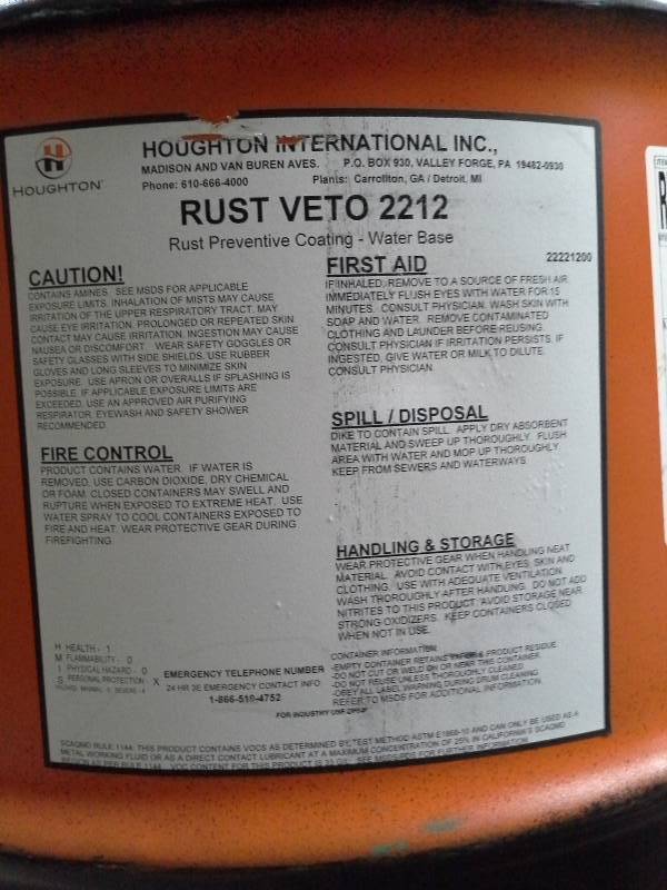 One Drum of Houghton Rust Veto 2212 Synthetic Aqueous Base Rust ...