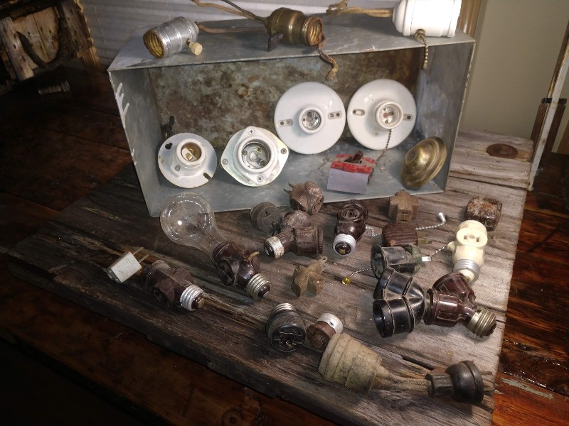 Antique Electrical Parts, Porcelain Light Bulb Sockets and Galvanized ...