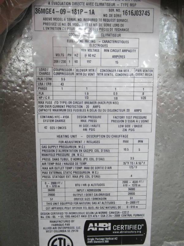 Magic Pak MGE4 Series 36000 BTU 1.5T Vertical Gas Heating/Electric ...