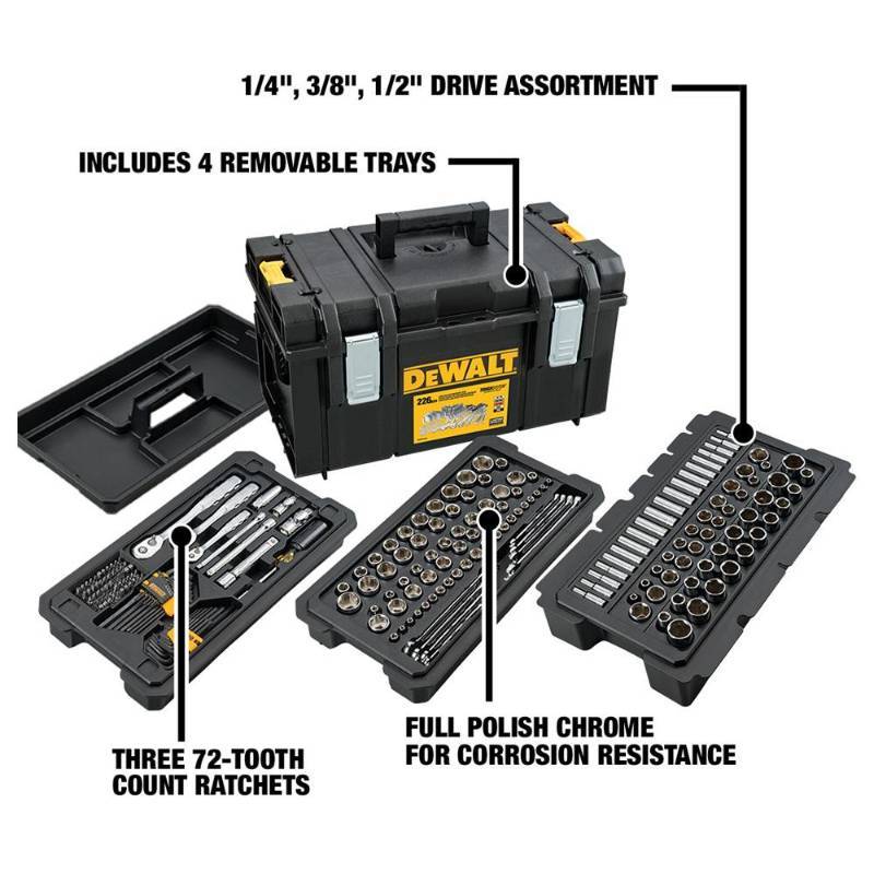 Dewalt Mechanics Tool Set 226 Piece with ToughSystem 22 in. Large Tool Box DWMT45226H Box Slightly Cracked but holds the tools. MN HOME OUTLET BURNSVILLE 147 SATURDAY PICK UP ONLY 10 00AM