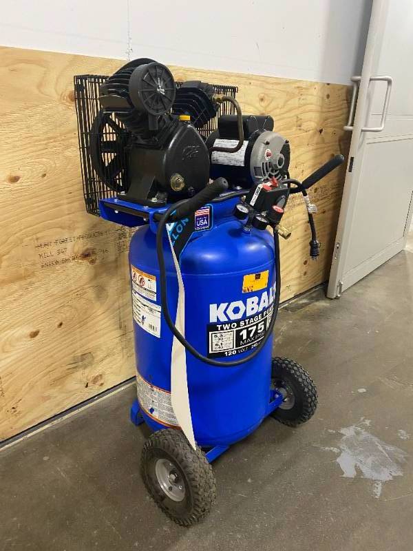 KOBALT 30 Gallon Two Stage Portable Corded Electric Vertical Air Compressor Savage Surplus 97 Flooring Tool Chests Lawn Mowers Vintage China Sets Patio Umbrellas Patio Furniture Air Fryers Air Condit...